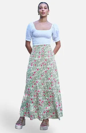YUMI Boho Print Cotton Maxi Skirt