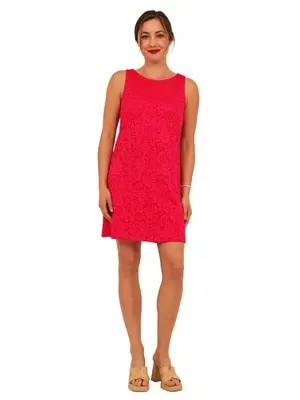 24SEVEN COMFORT APPAREL Sleeveless Boat Neck Mini Lace Shift Dress - Fuchsia