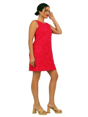 24SEVEN COMFORT APPAREL Sleeveless Boat Neck Mini Lace Shift Dress - Fuchsia