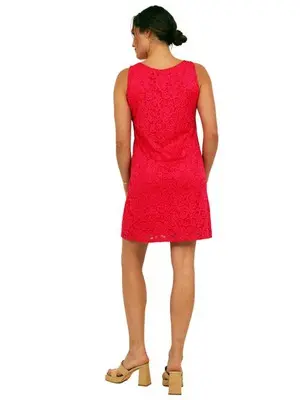 24SEVEN COMFORT APPAREL Sleeveless Boat Neck Mini Lace Shift Dress - Fuchsia