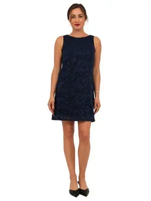 24SEVEN COMFORT APPAREL Sleeveless Boat Neck Mini Lace Shift Dress - Navy