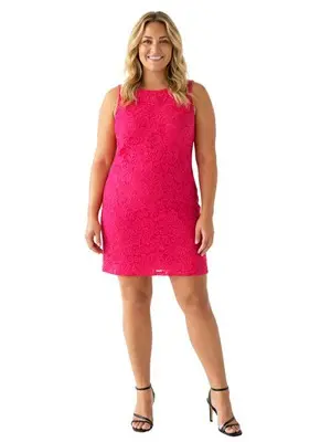 24SEVEN COMFORT APPAREL Sleeveless Boat Neck Lace Mini Shift Dress - Fuchsia