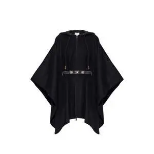 Moncler Wool Blend Hooded Cape With Belted Waist - Blue