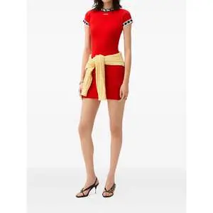 Versace Short-sleeved Fitted Mini Dress With Geometric Jacquard Trim