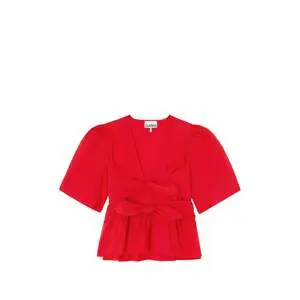 GANNI GANNI Cotton V-Neck Puff Sleeve Peplum Top Red