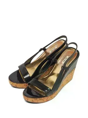 Miu Miu Patent Leather Cork Platform Wedge Slingback Sandals