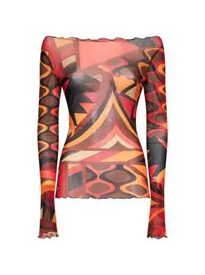 Emilio Pucci Orange And Black Vivara-print Tulle Top - Multicolor