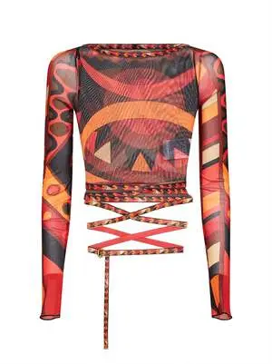 Emilio Pucci Orange And Black Vivara-print Tulle Cropped Top - Multicolor