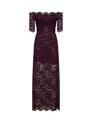 Rabanne Magenta Purple Stretch Floral Lace Layered Long Dress - Multicolor