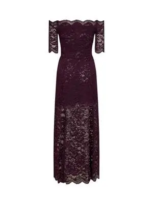 Rabanne Magenta Purple Stretch Floral Lace Layered Long Dress - Multicolor