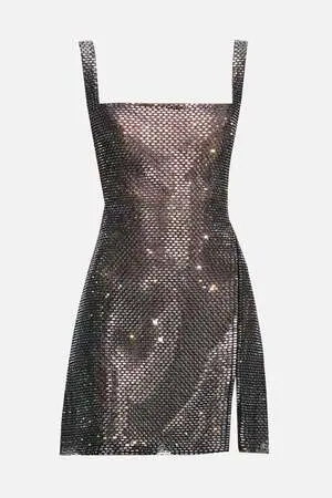 SELF-PORTRAIT Mesh Rhinestone Mini Dress