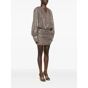 ROTATE BY BIRGER CHRISTENSEN Sequin Embellishment V-neck Long Puff Sleeve Dress - Brown