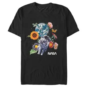 NASA Floral Astronaut In Space Short Sleeve Graphic T-shirt - Black