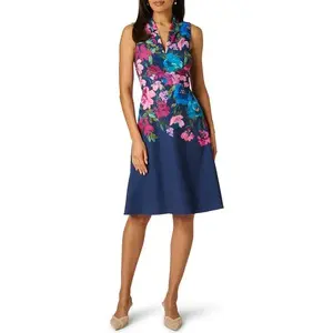 Adrianna Papell Floral V-neck Stretch Twill Dress