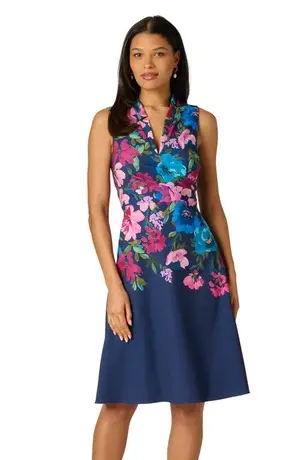Adrianna Papell Floral V-neck Stretch Twill Dress