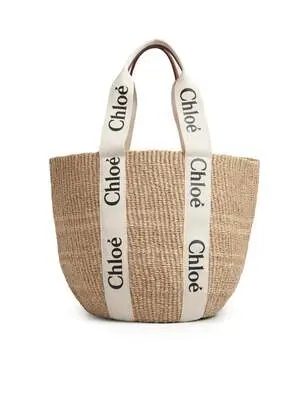 Chloé Woody Large Basket Bag In Natural Fibers - White