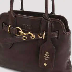 Miu Miu Leather Handbag With Belt Detailing And Gold Tone Hardware - Brown