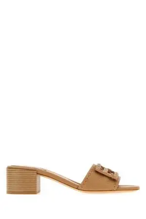 Fendi Camel Leather Baguette Mules - Brown
