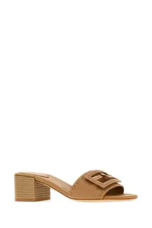 Fendi Camel Leather Baguette Mules - Brown
