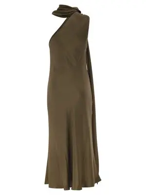 Max Mara One-shoulder Silk Long Dress With Draped Scarf - Brown