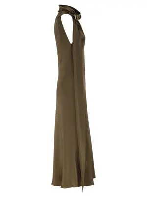 Max Mara One-shoulder Silk Long Dress With Draped Scarf - Brown