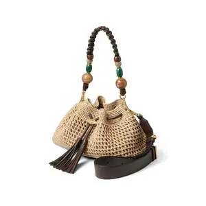 JIMMY CHOO Raffia Bucket Bag With Beaded Top Handle