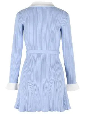 SELF-PORTRAIT Ribbed Mini Dress With Buckled Belt - Blue