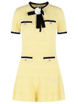 SELF-PORTRAIT Cotton Blend Openwork Knit Mini Dress With Floral Bow Brooch