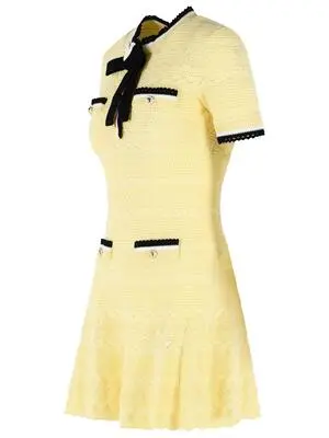 SELF-PORTRAIT Cotton Blend Openwork Knit Mini Dress With Floral Bow Brooch