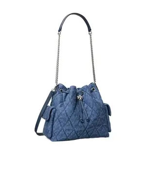Tory Burch Charlie Quilted Denim Drawstring Shoulder Bag