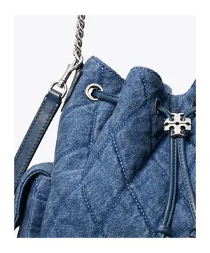 Tory Burch Charlie Quilted Denim Drawstring Shoulder Bag
