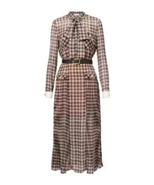 SELF-PORTRAIT Plaid Midi Shirt Dress With Bow Detail - Brown
