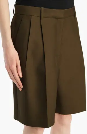 Khaite Auggie Pleated Wool & Silk Wide-leg Shorts - Dark Olive