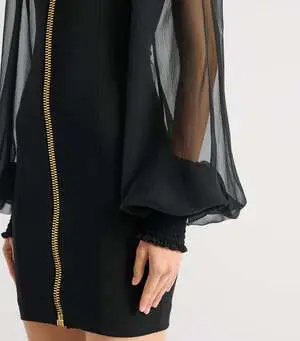 Balmain Jersey Zip Mini Dress With Sheer Balloon Sleeves