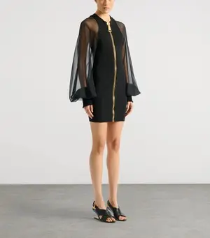 Balmain Jersey Zip Mini Dress With Sheer Balloon Sleeves