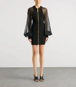 Balmain Jersey Zip Mini Dress With Sheer Balloon Sleeves