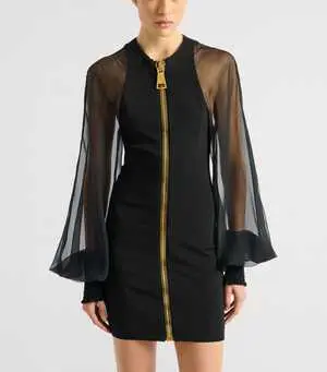 Balmain Jersey Zip Mini Dress With Sheer Balloon Sleeves