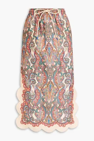 Zimmermann Scalloped Paisleyprint Linen Midi Skirt - Multicolor