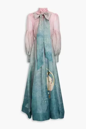 Zimmermann Pussybow Printed Linen And Silkblend Organza Gown - Teal