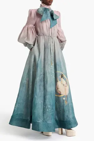 Zimmermann Pussy-bow Printed Linen And Silk-blend Organza Gown