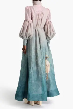 Zimmermann Pussy-bow Printed Linen And Silk-blend Organza Gown