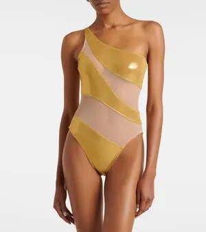 Norma Kamali One-shoulder Lamé And Mesh Bodysuit