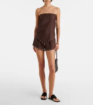 Staud Paddle Studded Linen Shorts - Brown