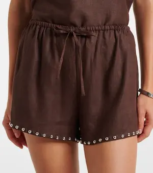 Staud Paddle Studded Linen Shorts - Brown