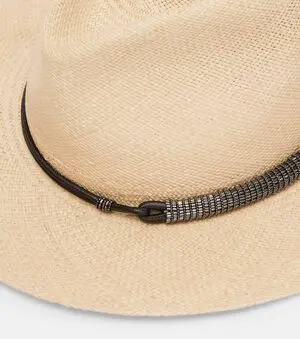 Brunello Cucinelli Monili Leather-trimmed Straw Fedora Hat