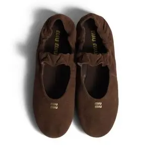 Miu Miu Ruched Suede Ballerinas With Elastic Strap - Dark Brown