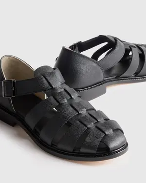 Quince Calfskin Leather Fisherman Sandals - Black
