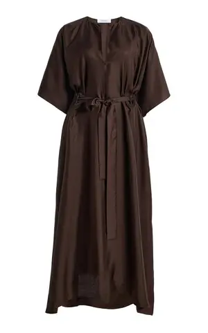 FERRAGAMO Belted Silk Midi Dress - Brown