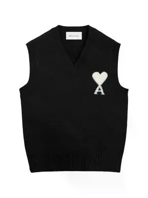 AMI Paris Sleeveless Wool V-neck Sweater With De Coeur