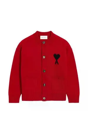 AMI Paris Crewneck Wool Cardigan With De Coeur Intarsia